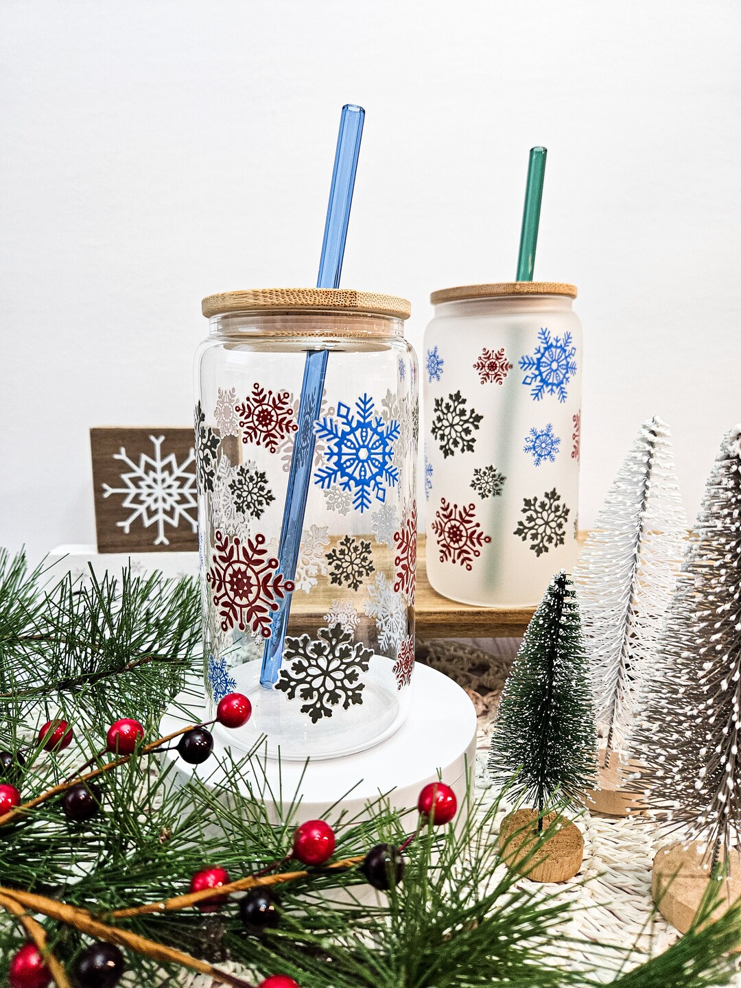 Snowflake Beer Can Glass Cup, Christmas Iced Coffee Glass Cup With Lid ...