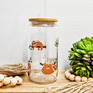Cute Sloth Glass Cup, Hanging Sloth, 16 Oz Glass Can, Trendy Iced ...