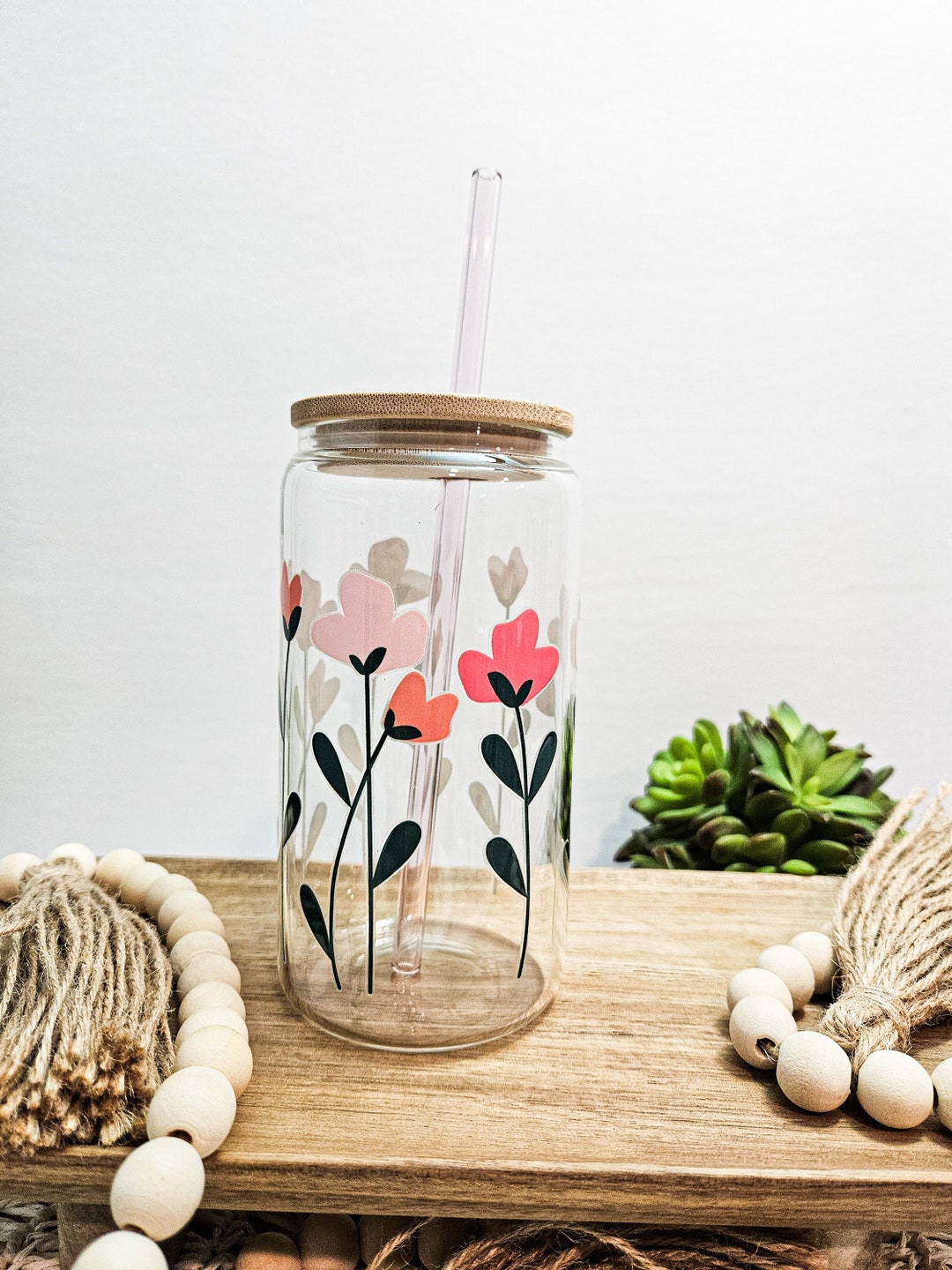 Floral Glass Cup: Pink Wildflower Beer Can Glass With Lid (16 Oz) - Etsy