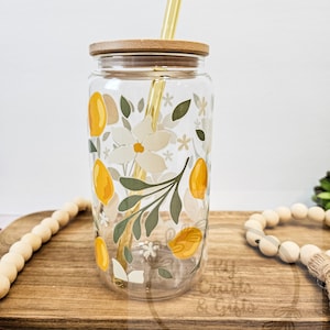 Floral Lemon Iced Coffee Glass, Fruit Design Cups, Lemonade Glass, 16 ...