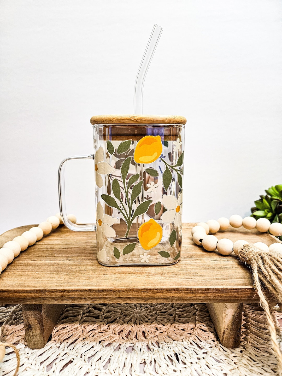 Floral Lemon Glass Cup, 20 Oz Glass Cup, 20oz Square Mug, Lemon Tumbler ...