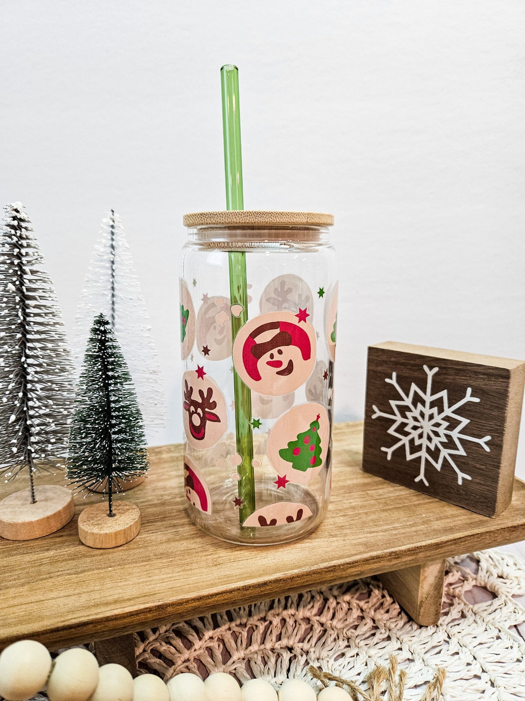 Christmas Glass Cups, Sugar Cookies, 16oz Libbey Glass Can, Snowman ...