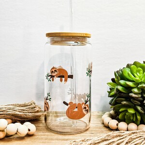 Cute Sloth Glass Cup, Hanging Sloth, 16 Oz Glass Can, Trendy Iced ...