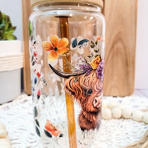 Highland Cow Glass Cup, Boho Cow Glass Can With Lid and Straw, Scottish ...