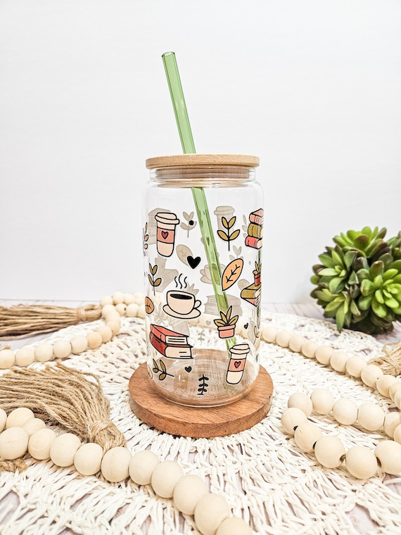 Books and Coffee Glass Cup Plant Glass Tumbler Iced Coffee Glass Can With Lid and Straw Bookish Booktok Gift for Plant Lover Book Love Etsy