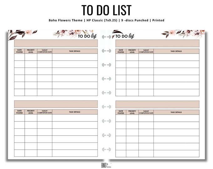 To Do List Inserts, Boho Flowers Theme | Discbound Planner, Journal ...