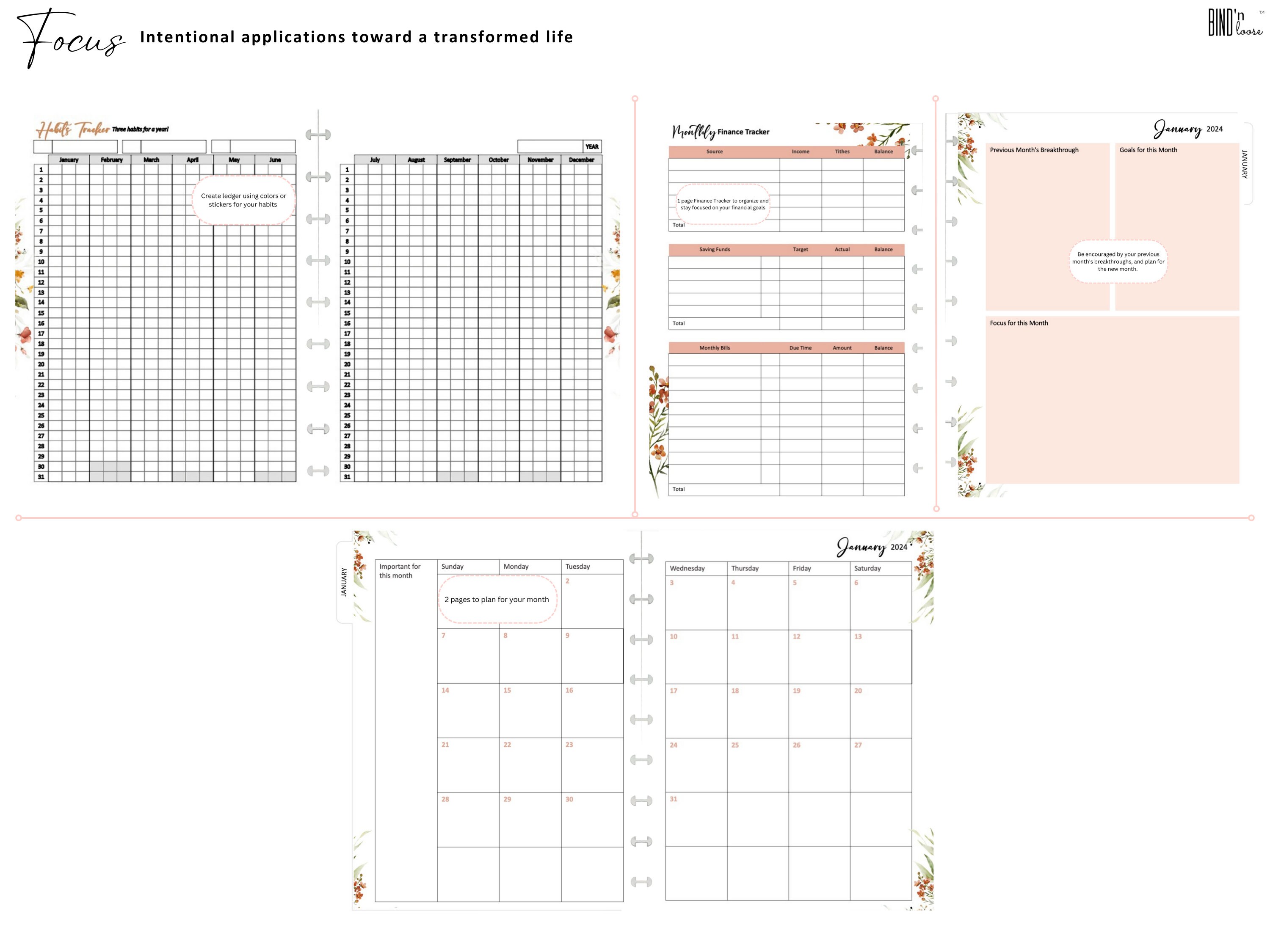 Watercolor Flowers Focus Journal D2 Discbound Monthly, Weekly, Daily ...