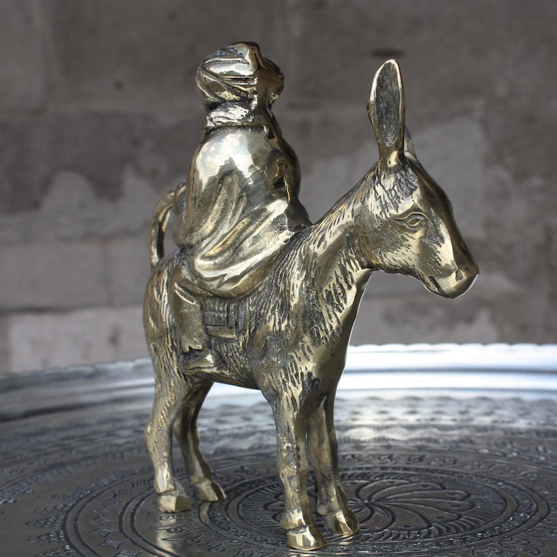Donkey Figurine / Man Riding A Donkey Backwards / Brass Donkey and Man ...