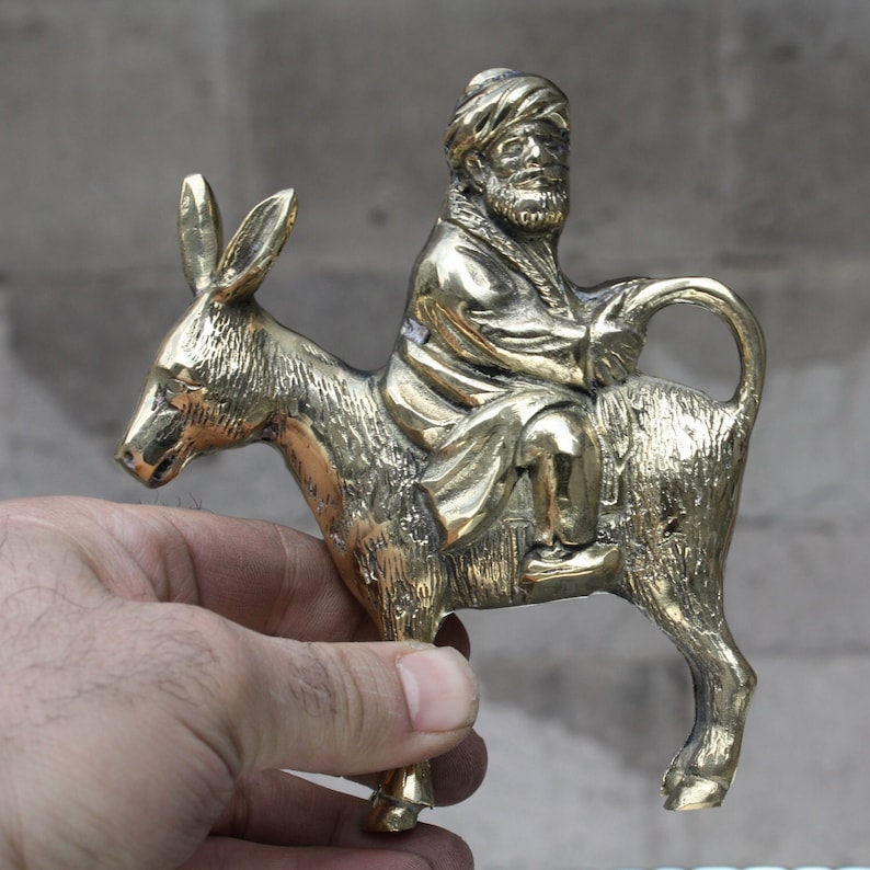 Donkey Figurine / Man Riding A Donkey Backwards / Brass Donkey and Man ...