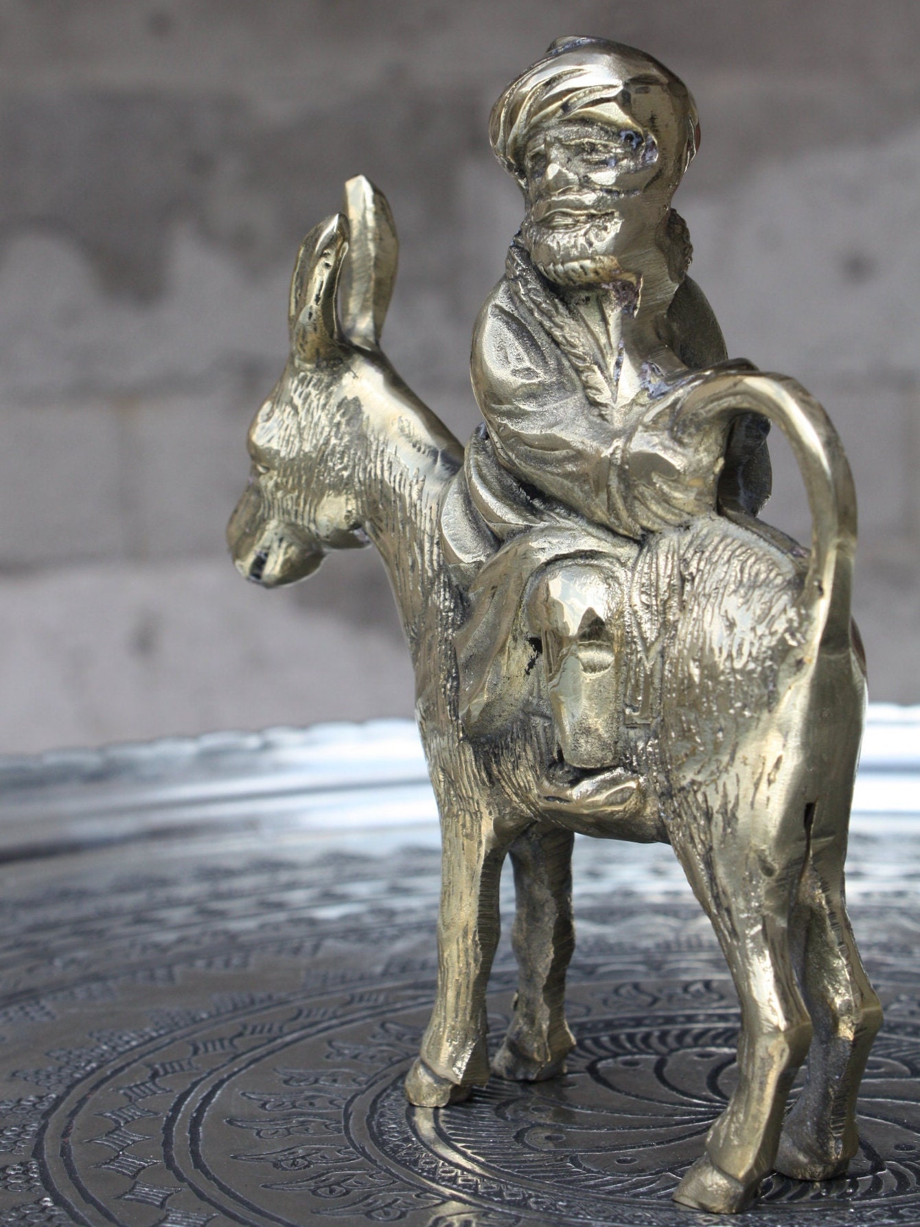 Donkey Figurine / Man Riding A Donkey Backwards / Brass Donkey and Man ...
