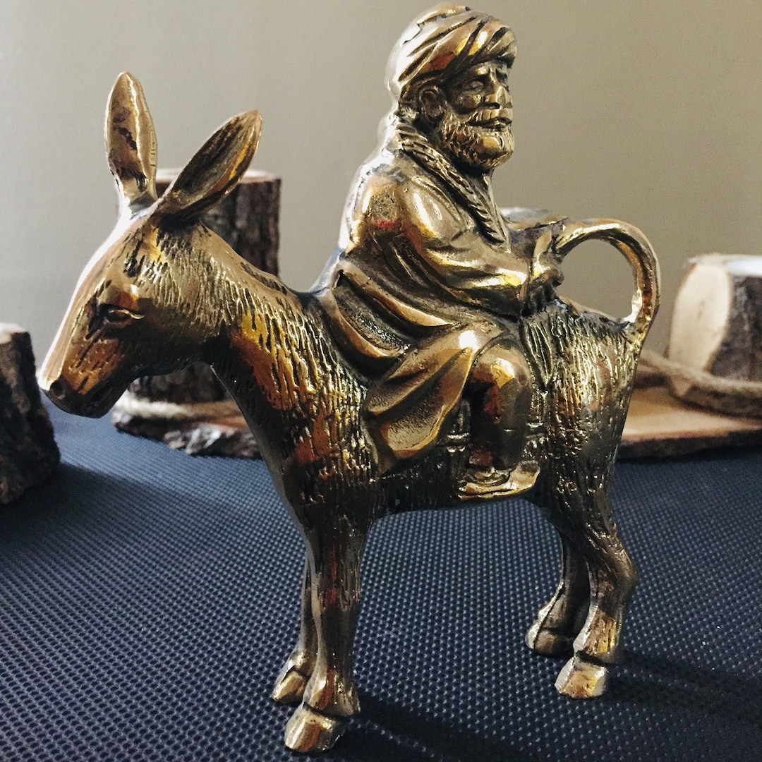 Donkey Figurine / Man Riding A Donkey Backwards / Brass Donkey and Man ...