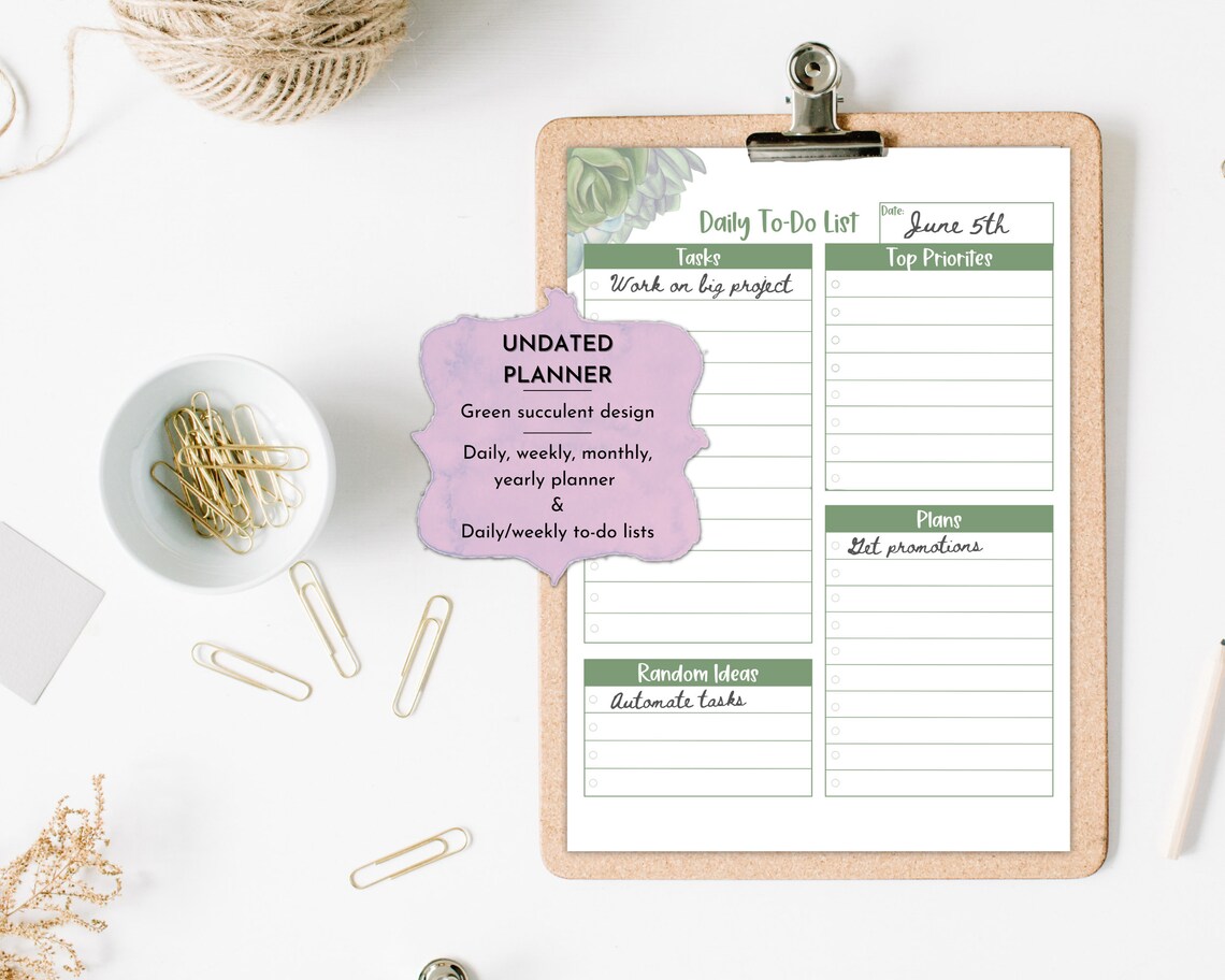 Undated Succulent Garden Printable Planner Bundle Daily, Weekly ...