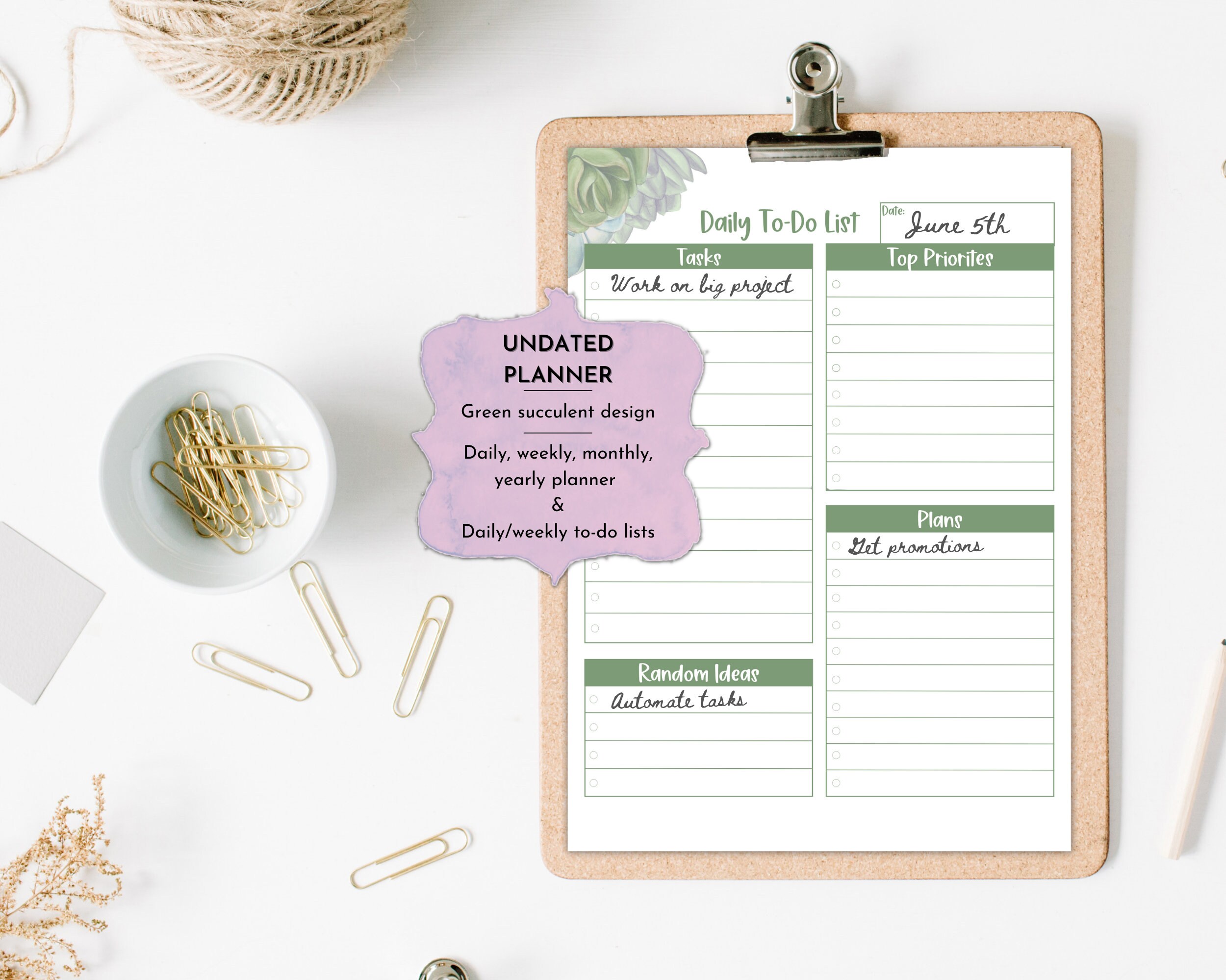 Undated Succulent Garden Printable Planner Bundle Daily, Weekly ...