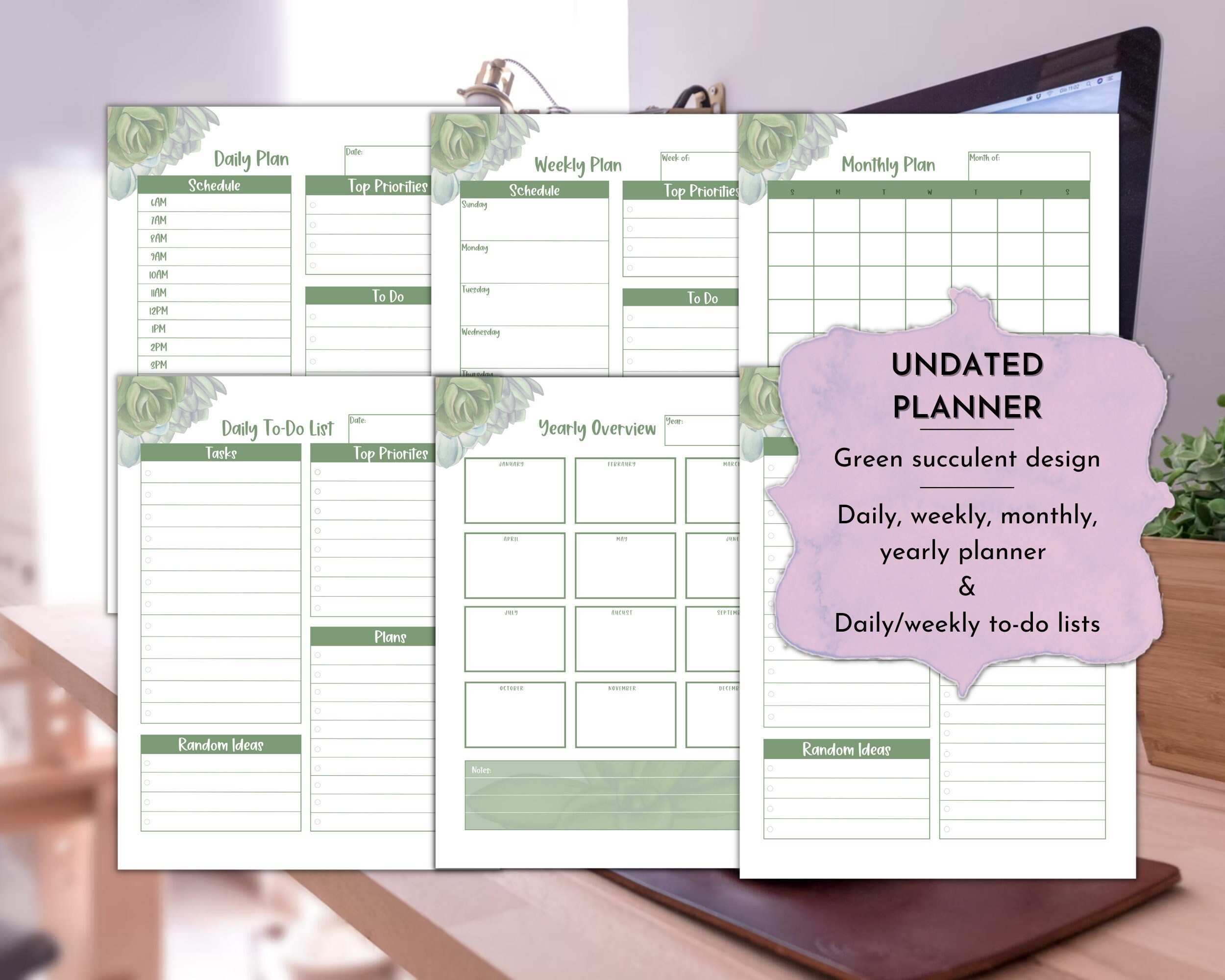 Undated Succulent Garden Printable Planner Bundle Daily, Weekly ...