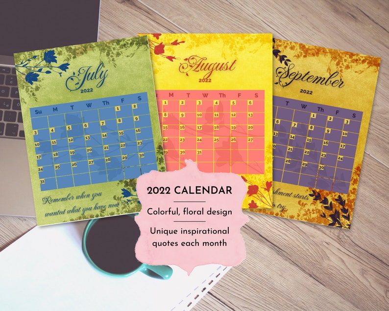 2022 Monthly Calendar Printable Colorful Floral Themes & Inspirational ...