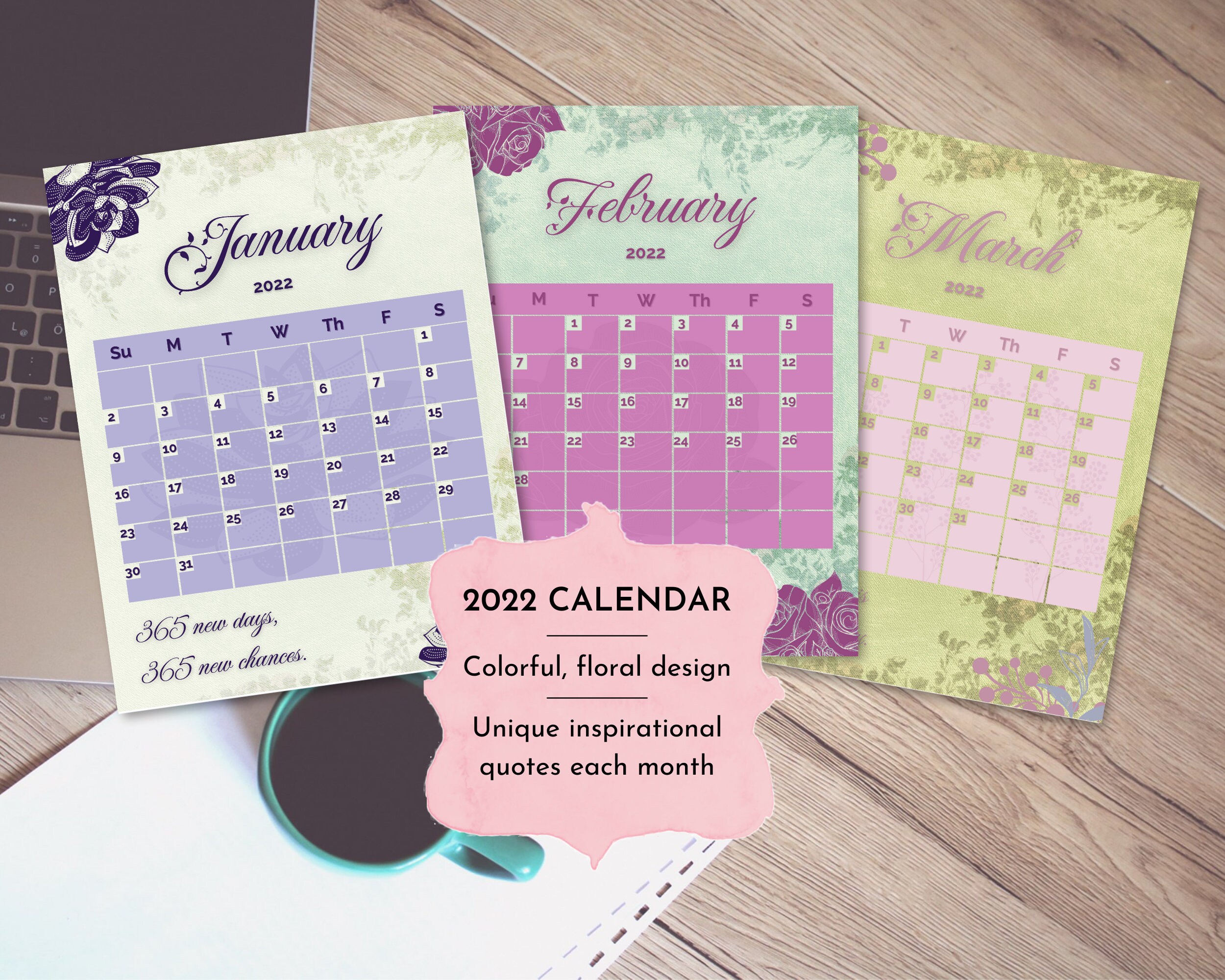2022 Monthly Calendar Printable Colorful Floral Themes & Inspirational ...