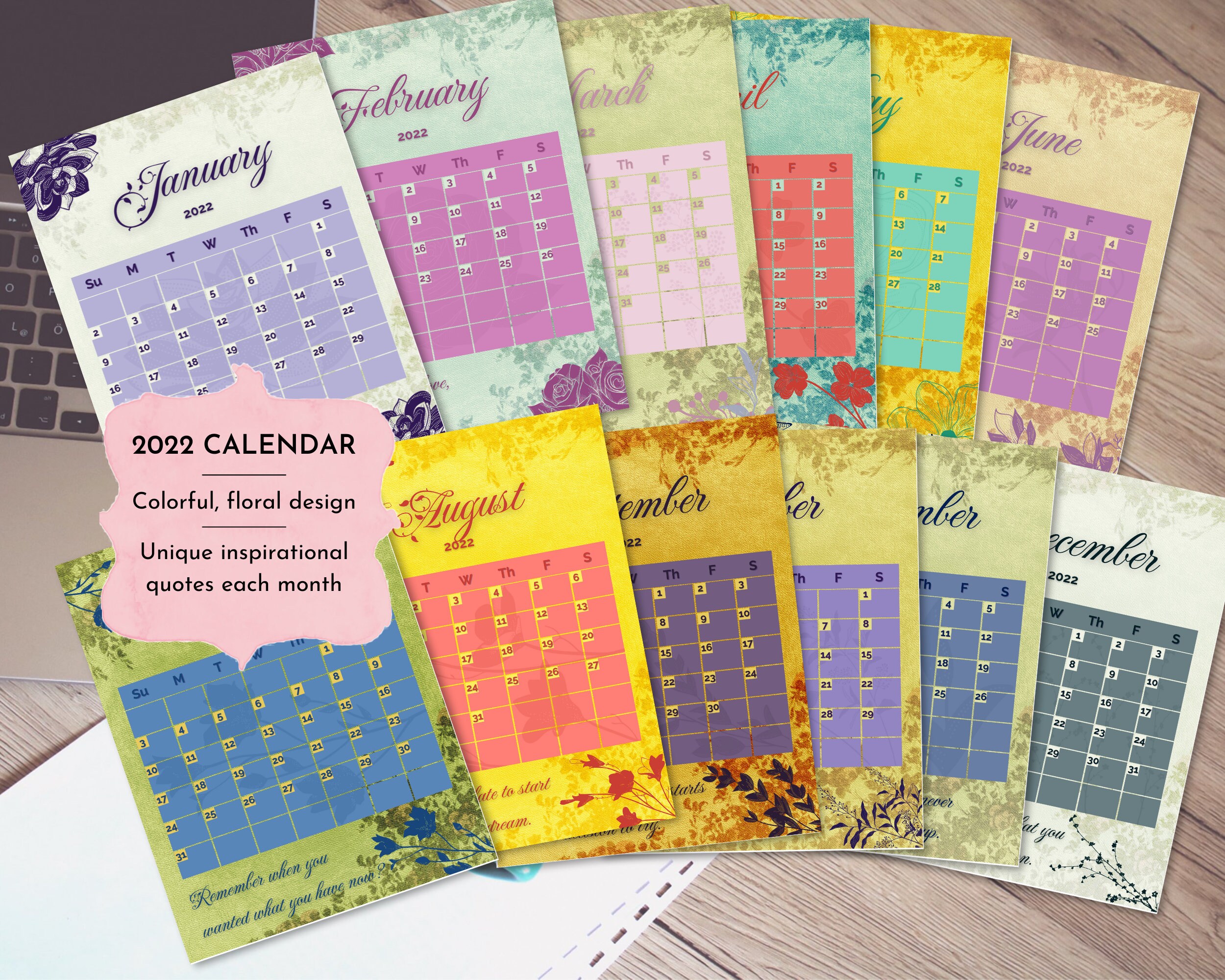 2022 Monthly Calendar Printable Colorful Floral Themes & Inspirational ...