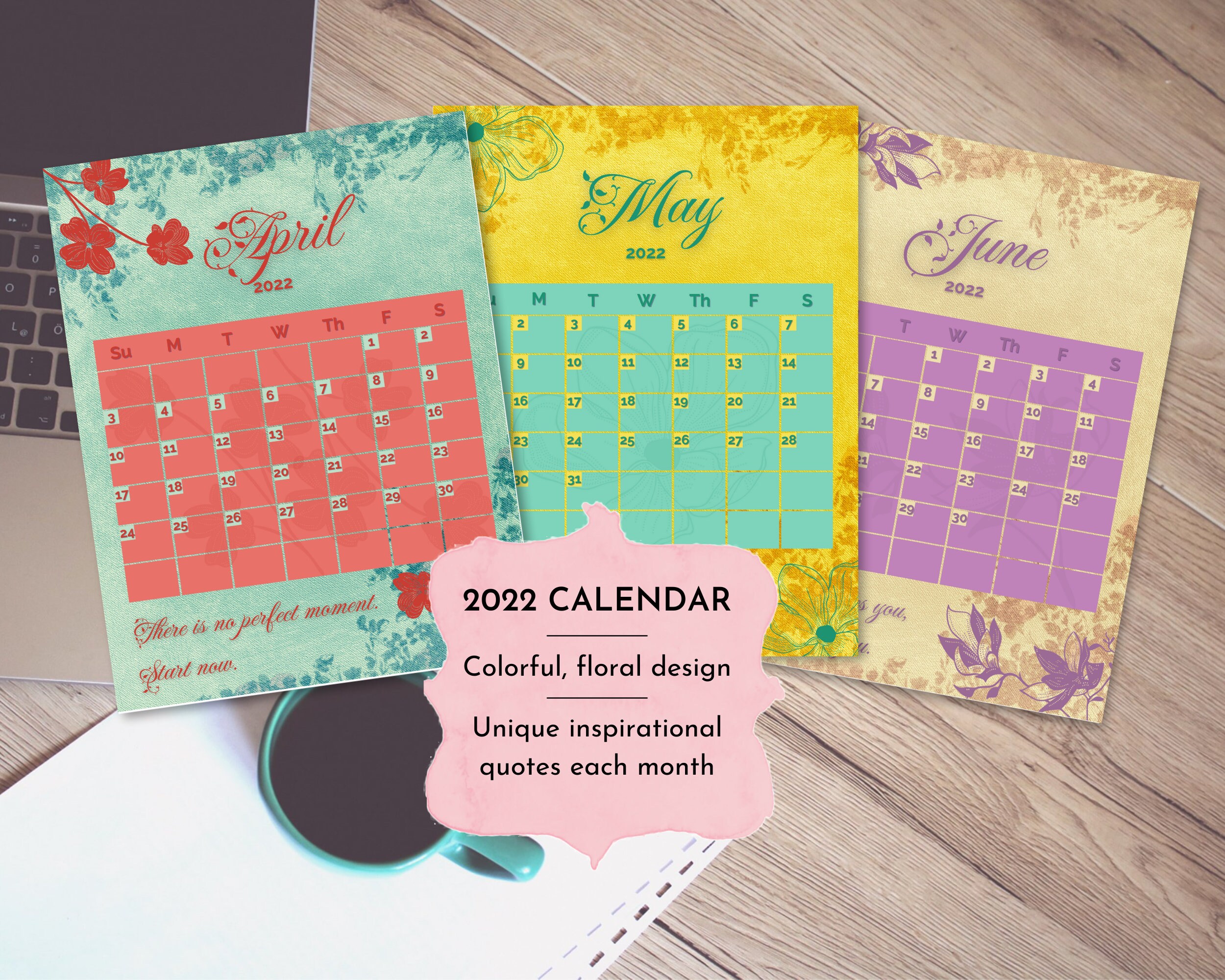2022 Monthly Calendar Printable Colorful Floral Themes & Inspirational ...