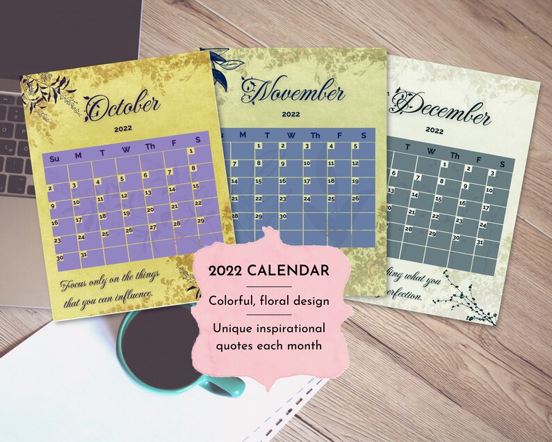 2022 Monthly Calendar Printable Colorful Floral Themes & Inspirational ...