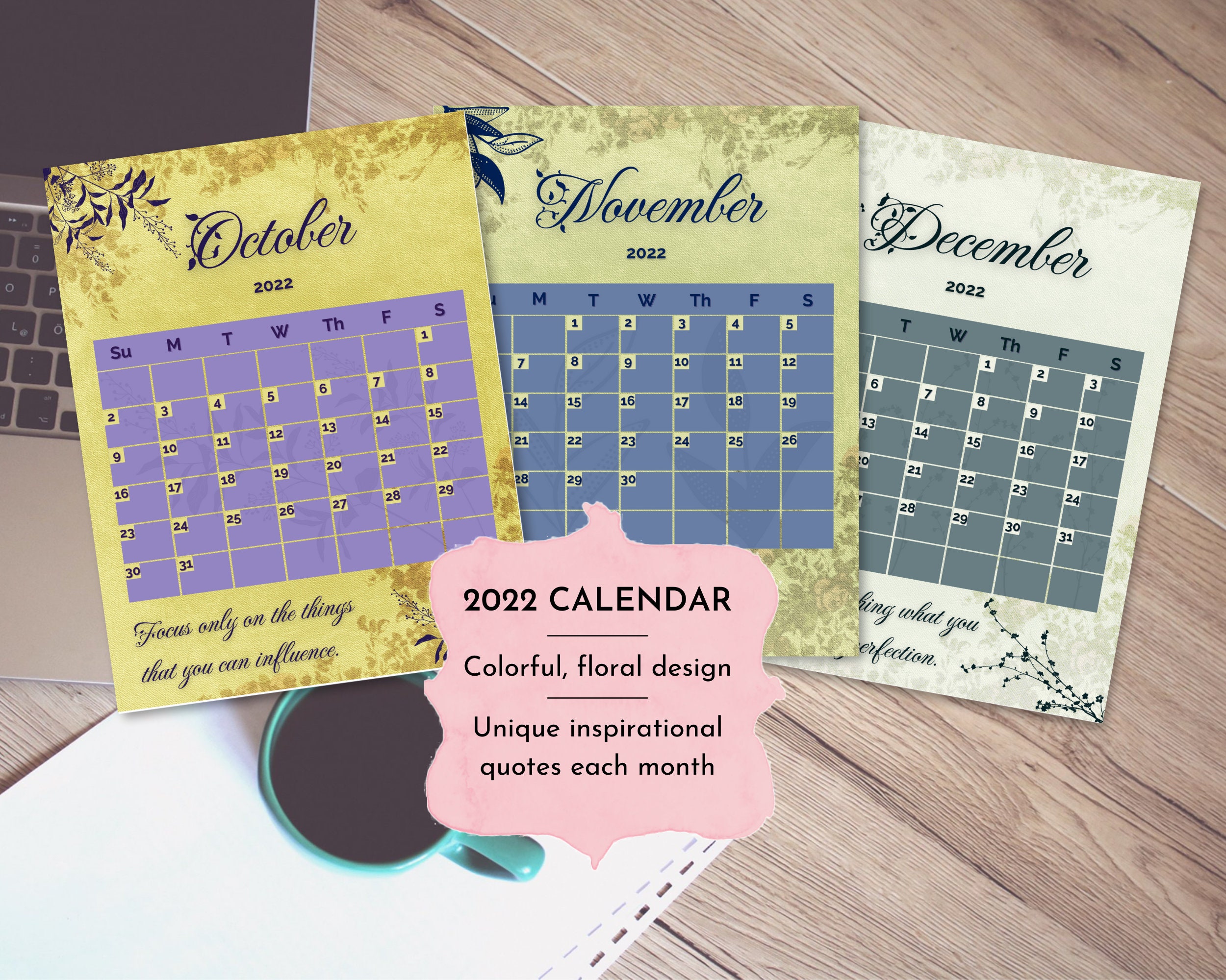 2022 Monthly Calendar Printable Colorful Floral Themes & Inspirational ...