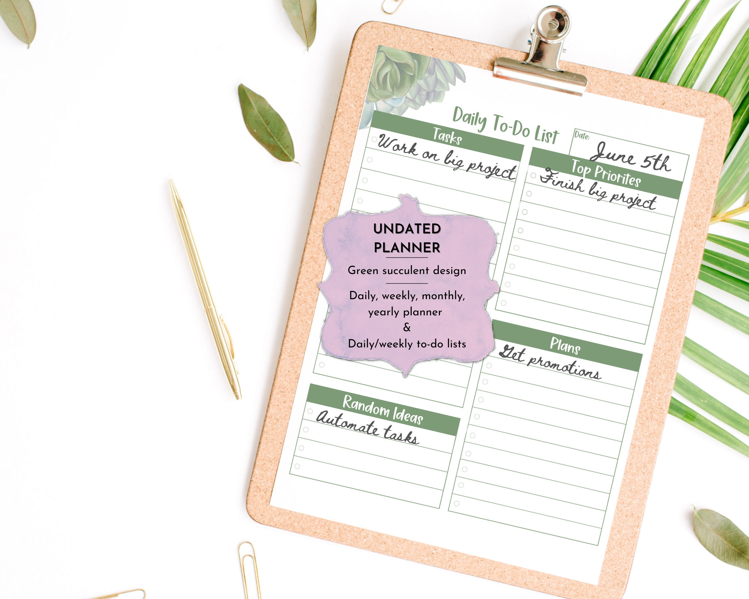 Undated Succulent Garden Printable Planner Bundle Daily, Weekly ...