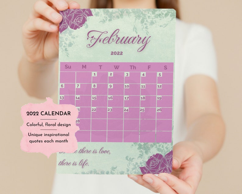 2022 Monthly Calendar Printable Colorful Floral Themes & Inspirational ...