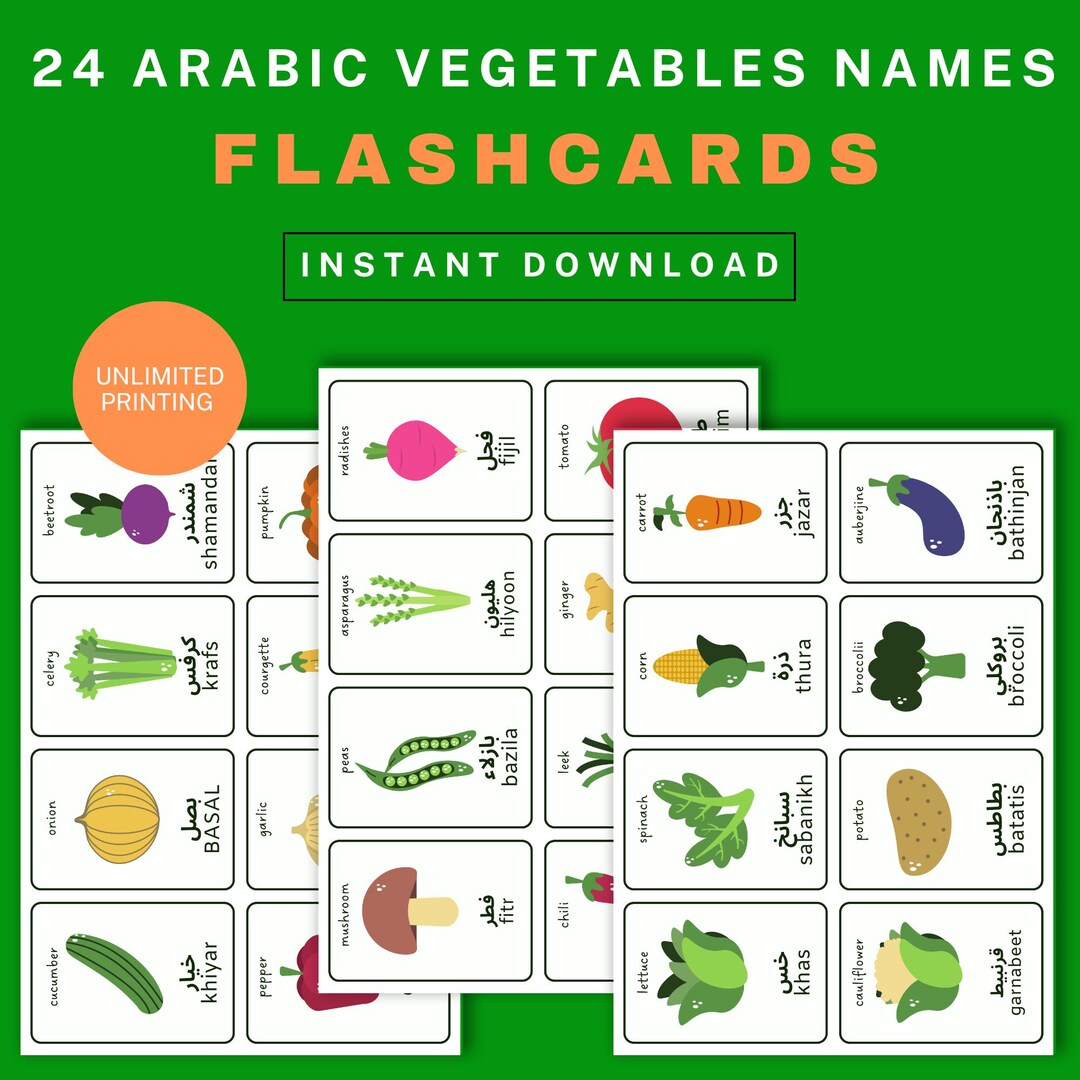 24 Arabic Vegetables Names Flashcards Pdf.instant Download.arabic ...
