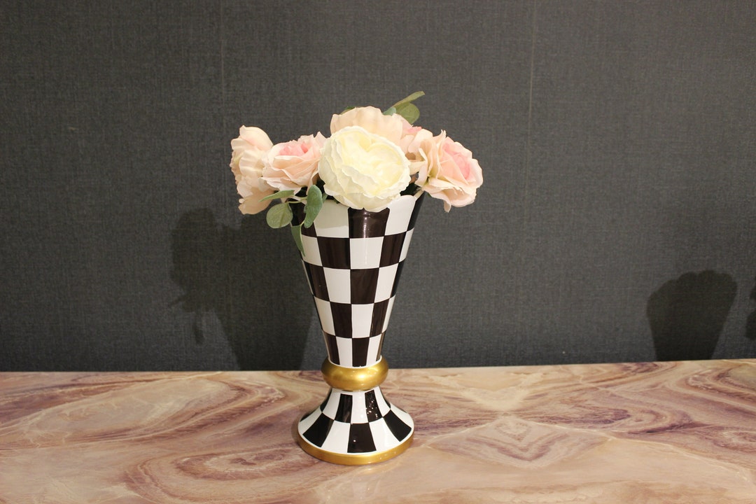Check Pattern Vase, Black and White Checkerboard Vase, Triple Modern ...