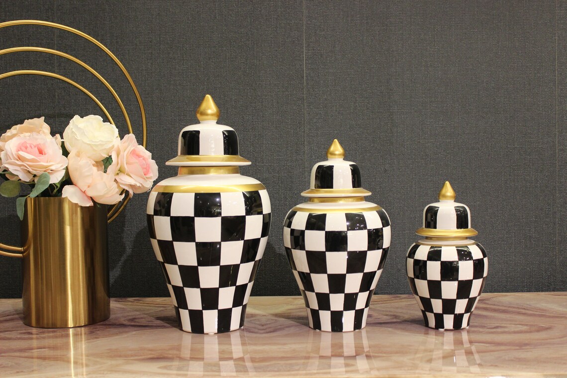 White Black Checkerboard Ginger Jar Vase Triple Modern Vase - Etsy
