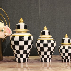 White Black Checkerboard Ginger Jar Vase, Triple Modern Vase, Handmade ...