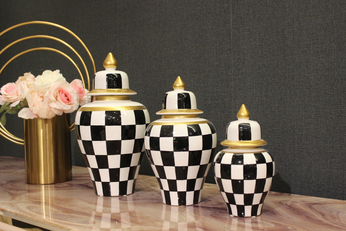 White Black Checkerboard Ginger Jar Vase Triple Modern Vase - Etsy
