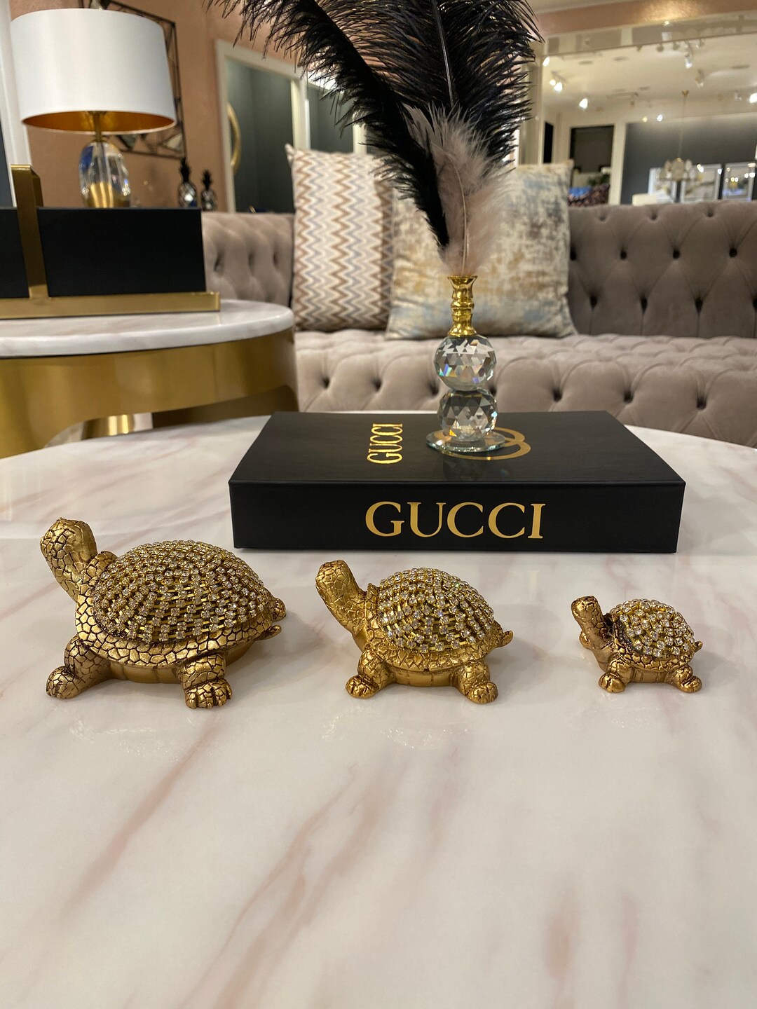 Set of 3, Turtle Figurine, Luxury Art Gold Silver Beige Turtle Table ...
