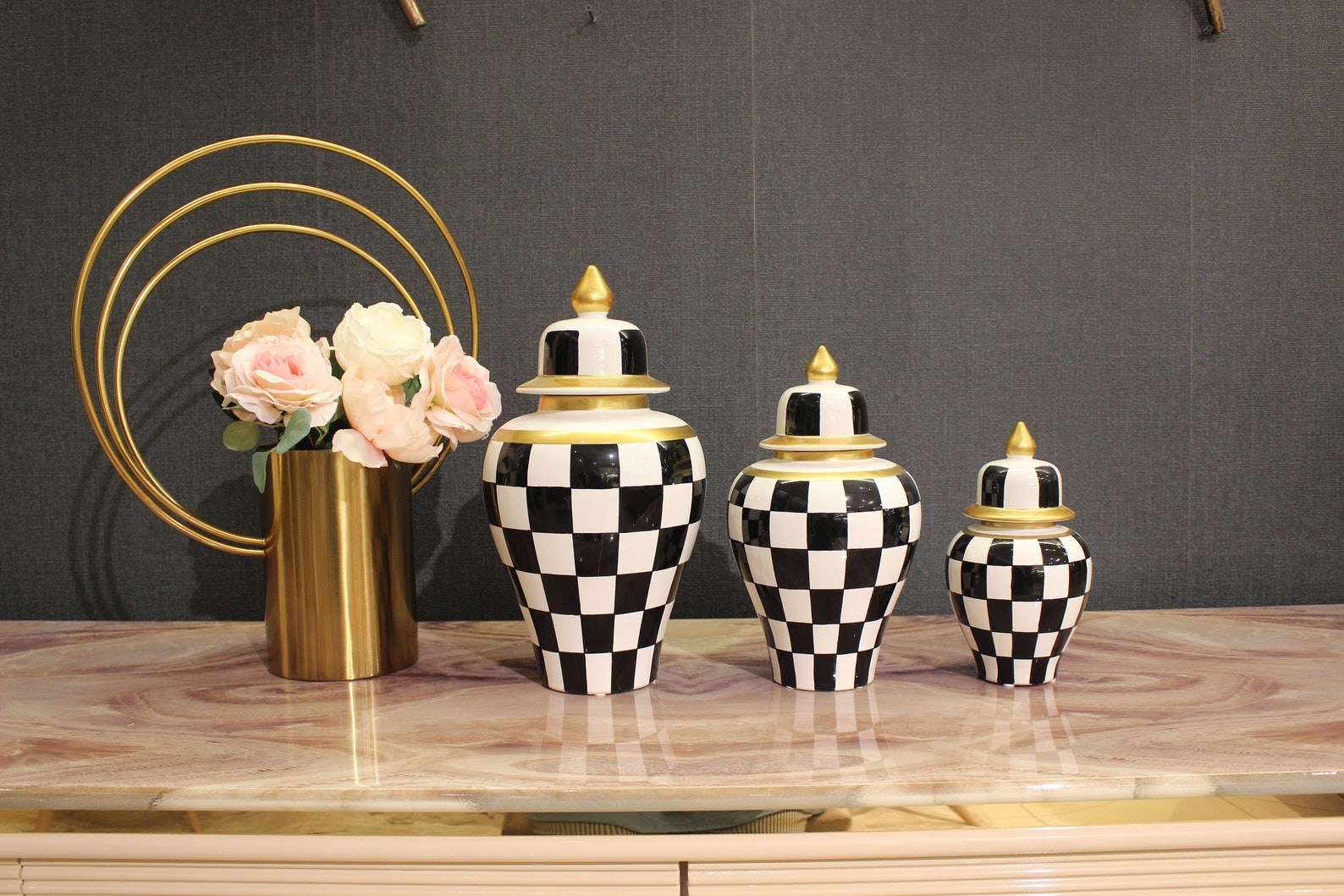 White Black Checkerboard Ginger Jar Vase Triple Modern Vase - Etsy