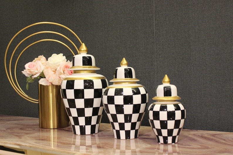 White Black Checkerboard Ginger Jar Vase Triple Modern Vase - Etsy
