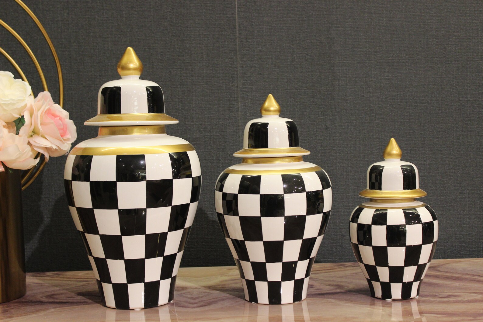 White Black Checkerboard Ginger Jar Vase Triple Modern Vase - Etsy