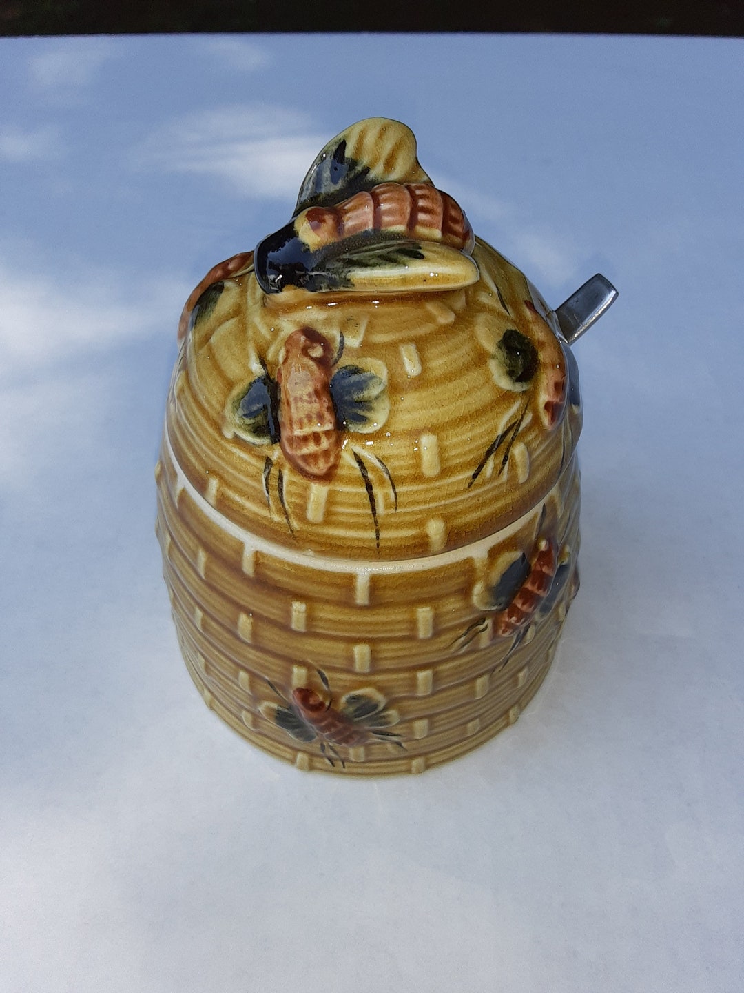 Vintage Honey Jar With Spoon, Bee Handle, Bees Around Sides, Made in ...