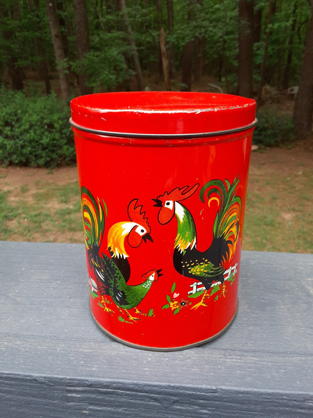 Old Tin Red Rooster Canister Farm House Scene, Barn, Fence, Few Dents ...