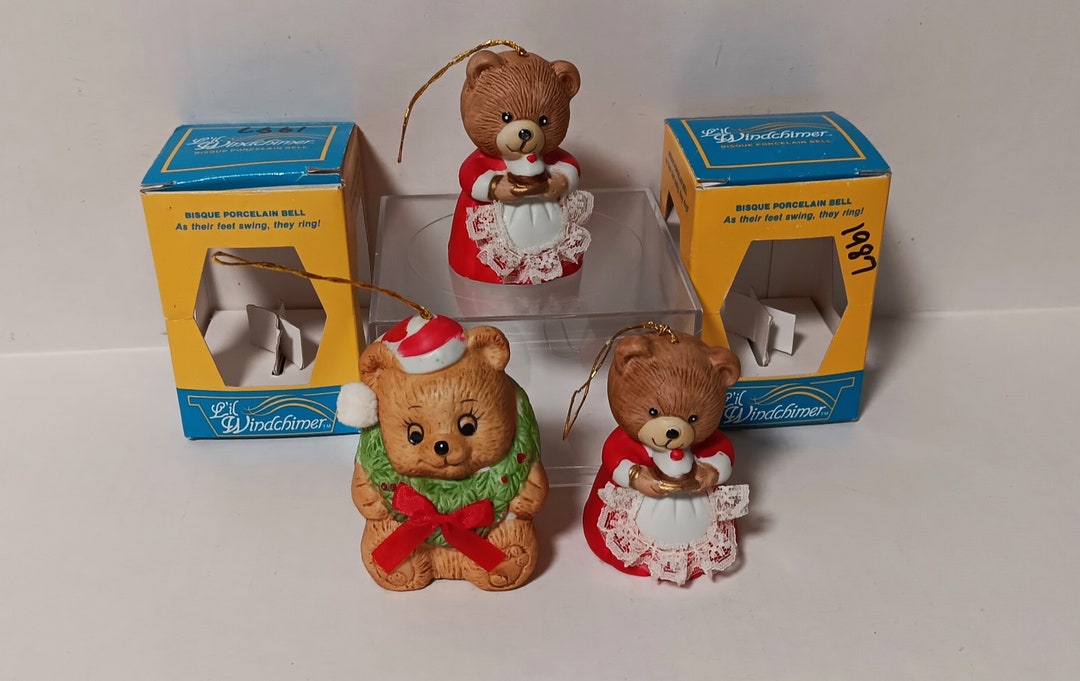Three Porcelain Bear Bells, 1980s, Boxed, Christmas, Ornaments, Bisque ...