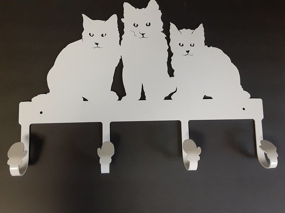 Lg White Metal Cat Wall Hooks Hanger With Four Mitten Hooks, Farm House ...