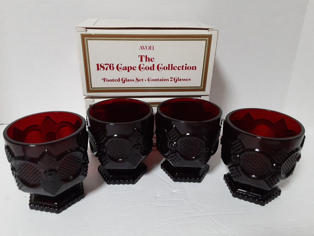 4 Cape Cod Ruby Red Footed Tumblers, 1876 Collection by Avon 1975-1992 ...