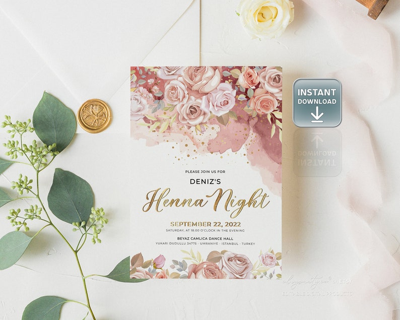 Modern Henna Night Invitation Template 5x7 DIY Red and Gold Fully ...