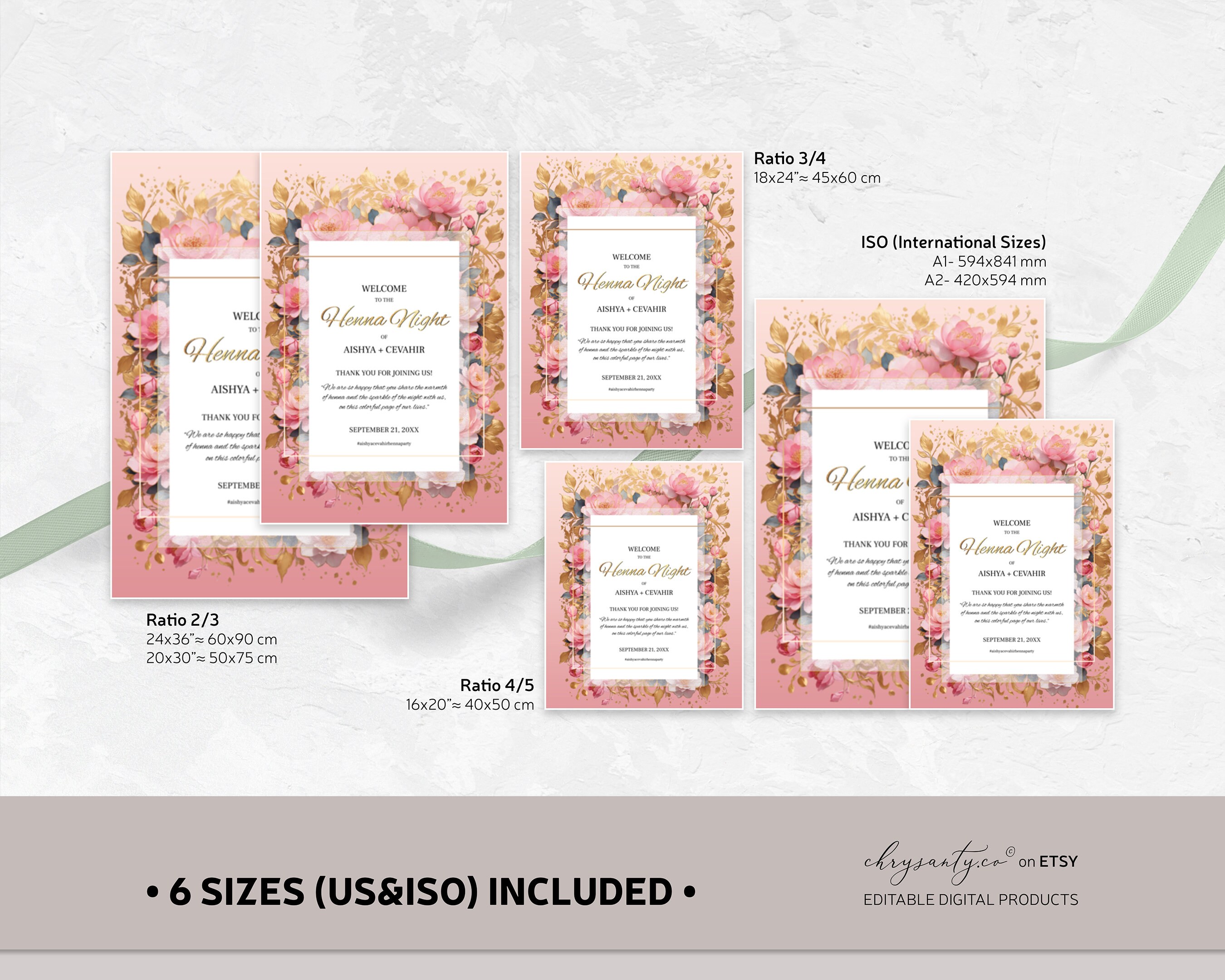 Pink Flowers Digital Sign Templates • Henna Night Golden Pink Easy ...