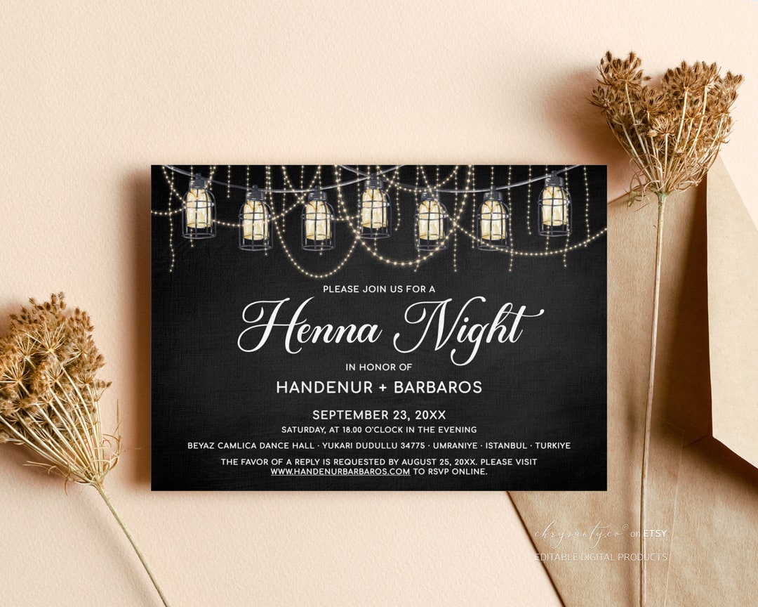 Black Henna Night Invitation Template 7x5" • Lantern Lights Digital ...