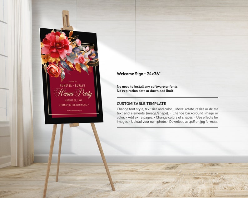Henna Party Colorful Digital Welcome Signs • Easy Editable Floral ...