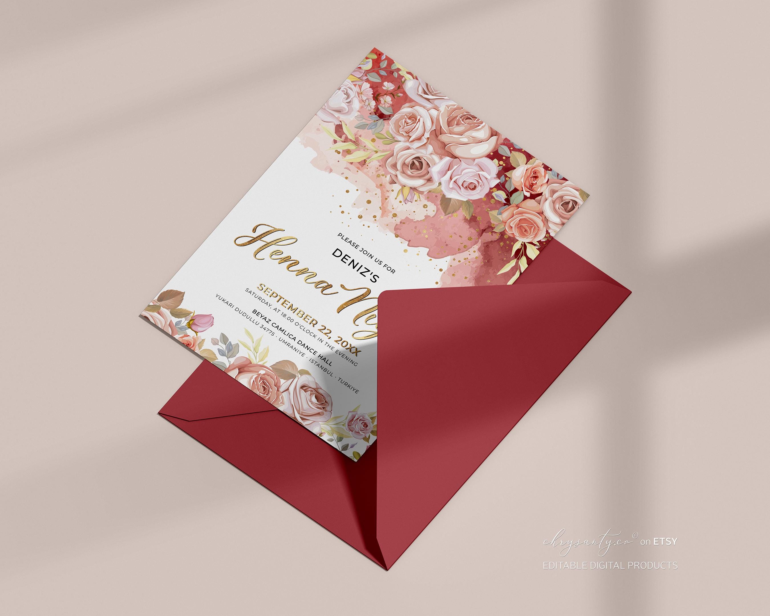 Modern Henna Night Invitation Template • Red, Gold Glitter, Roses ...