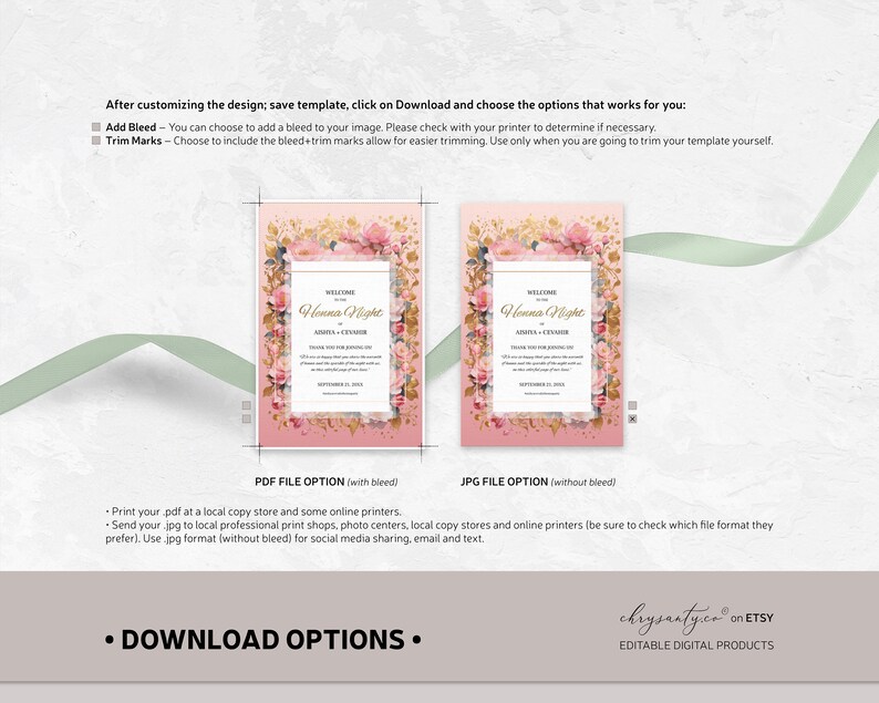 Pink Flowers Digital Sign Templates • Henna Night Golden Pink Easy ...
