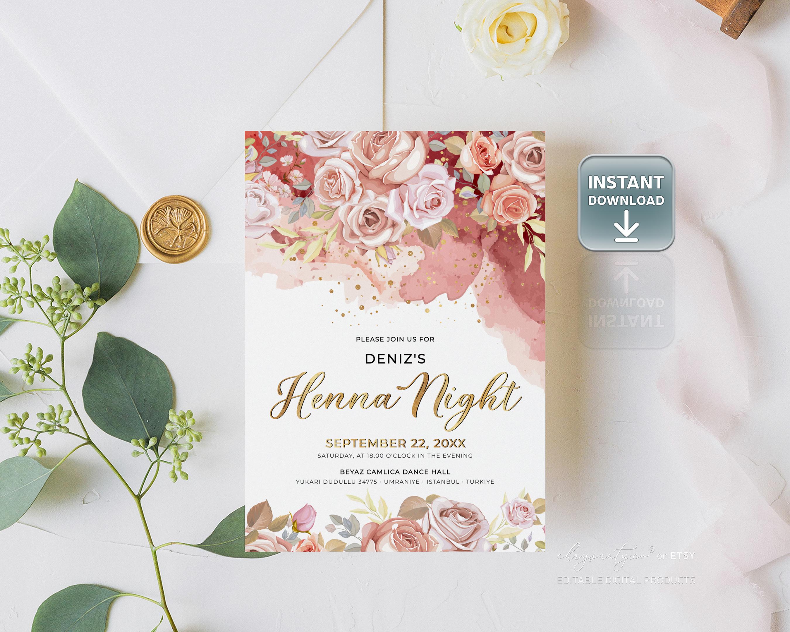 Modern Henna Night Invitation Template • Red, Gold Glitter, Roses ...