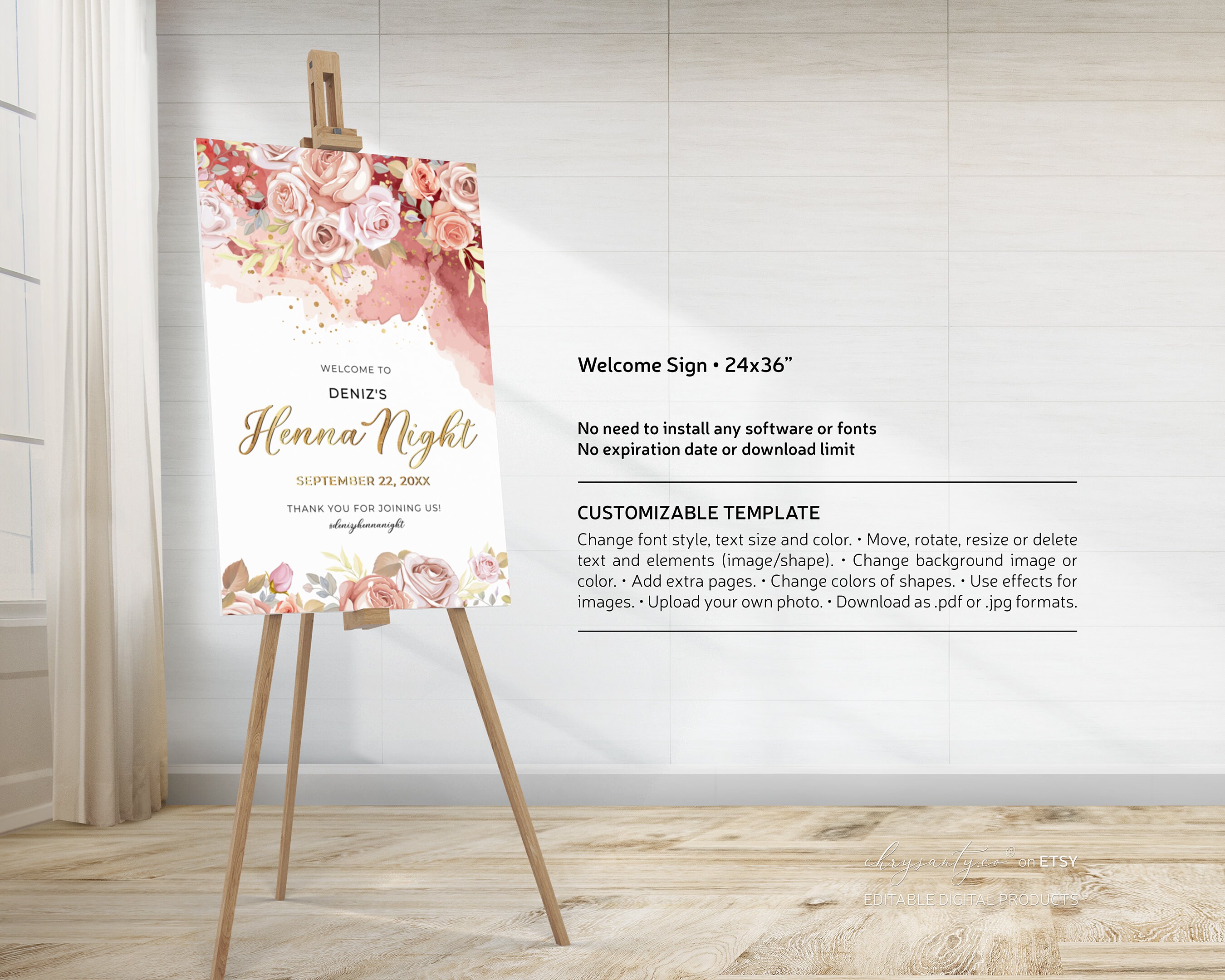Modern Henna Night Welcome Sign Templates • DIY • Unique Red and Gold ...