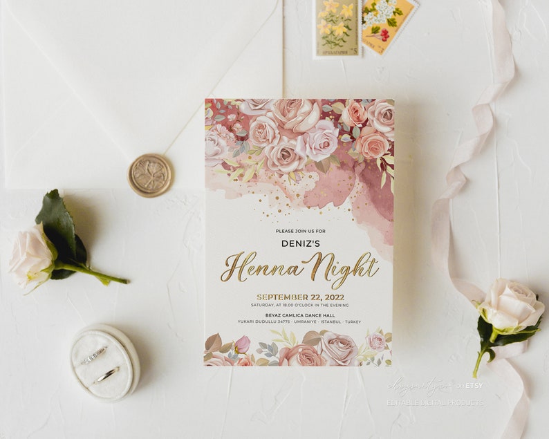Modern Henna Night Invitation Template 5x7 DIY Red and Gold Fully ...