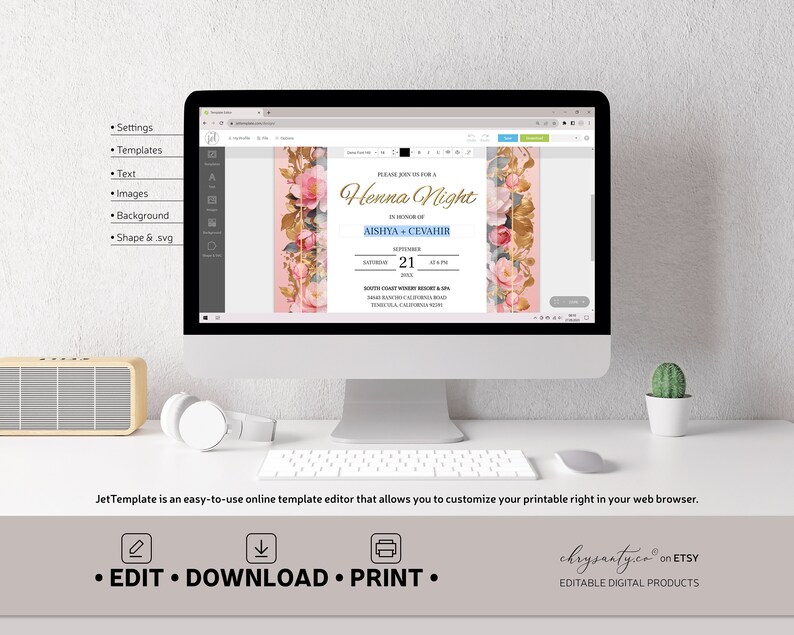 Pink Flowers Digital Sign Templates • Henna Night Golden Pink Easy ...
